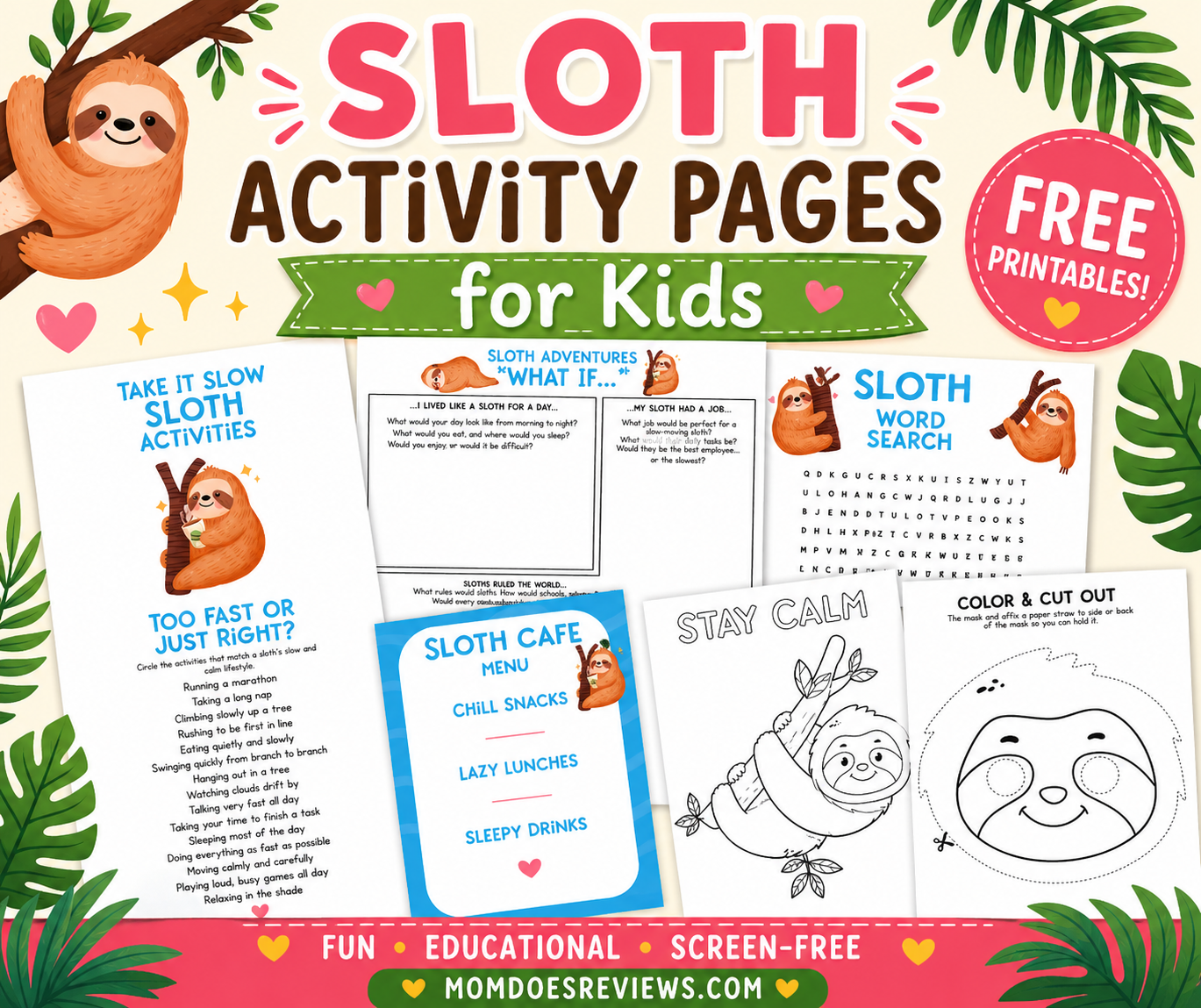 Sloth Activity Pages for Kids- Free Printables - Mom Does Reviews